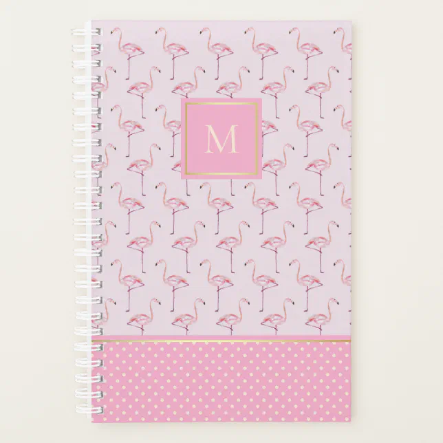 Trendy Pink Flamingos and Dots with Monogram Planner | Zazzle