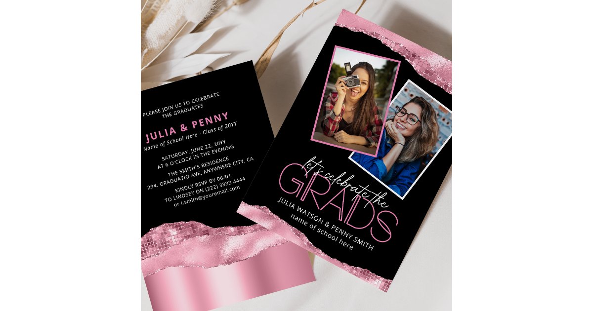 Trendy Pink Girly Joint Graduation Party Photo Invitation | Zazzle