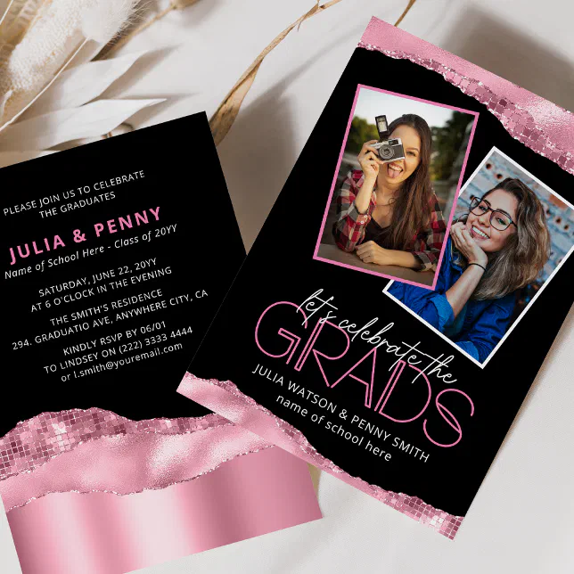 Trendy Pink Girly Joint Graduation Party Photo Invitation | Zazzle