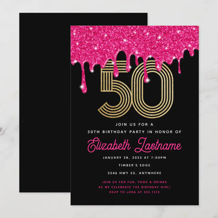 Trendy Pink Glitter Drip 50th Birthday Invitation | Zazzle