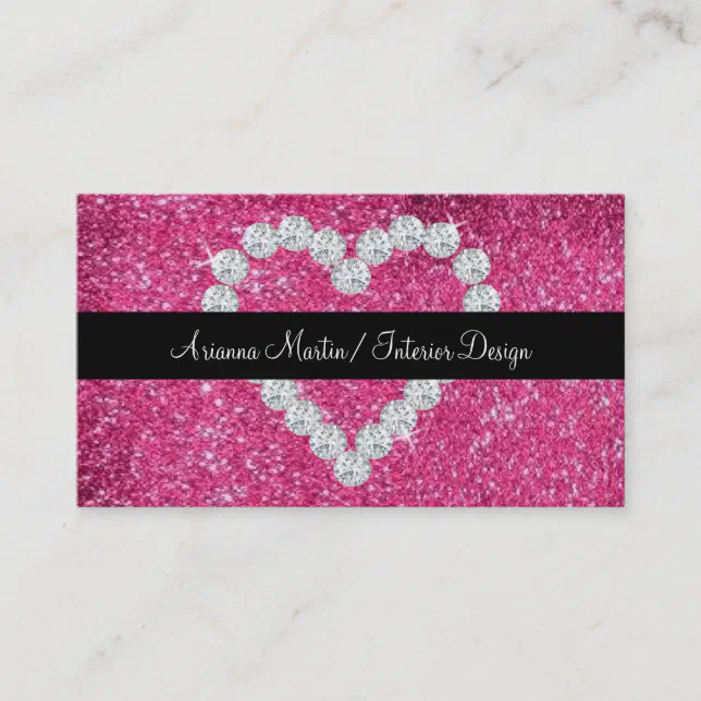 Trendy Pink Glitter Sparkly Diamond Heart Business Card | Zazzle