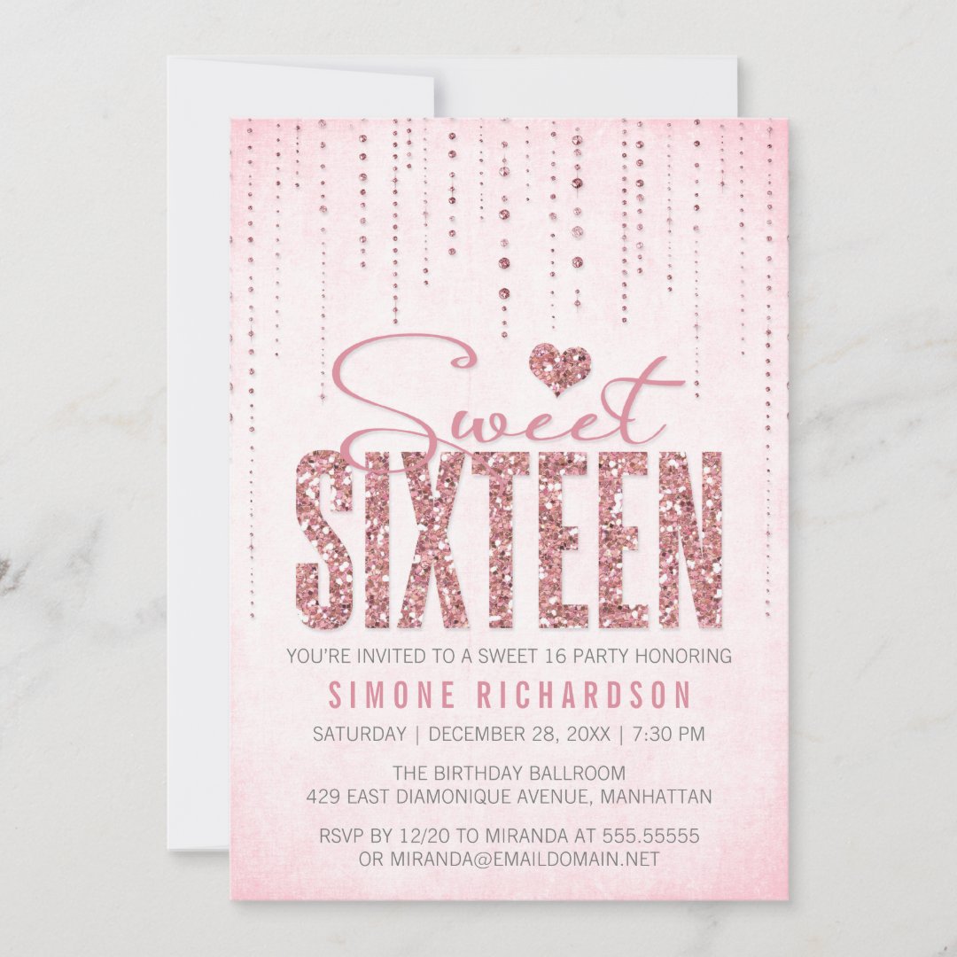 Trendy Pink Glitter Sweet 16 Party Invitation | Zazzle