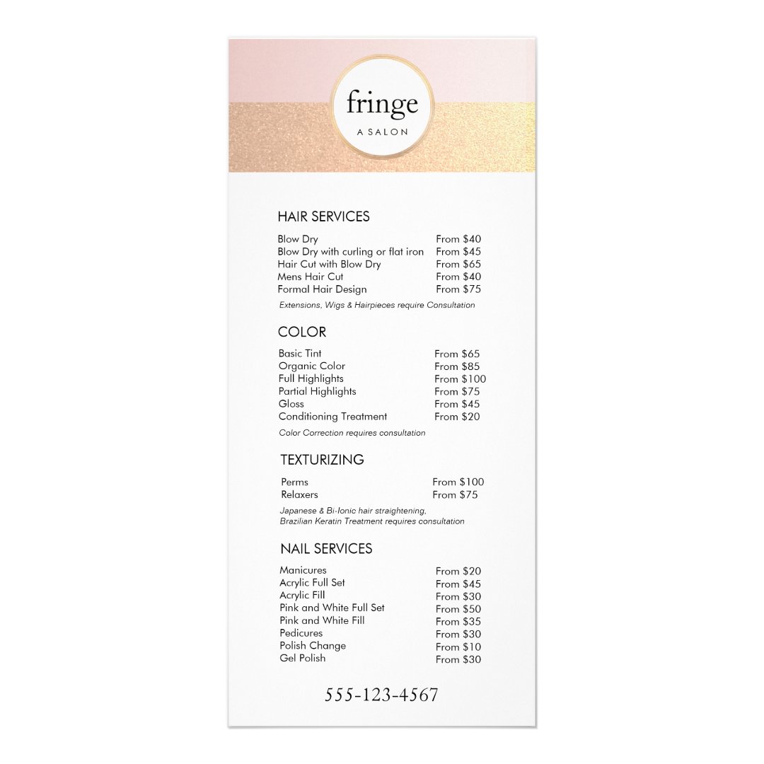 Trendy Pink Gold Salon Spa Price List Service Menu | Zazzle