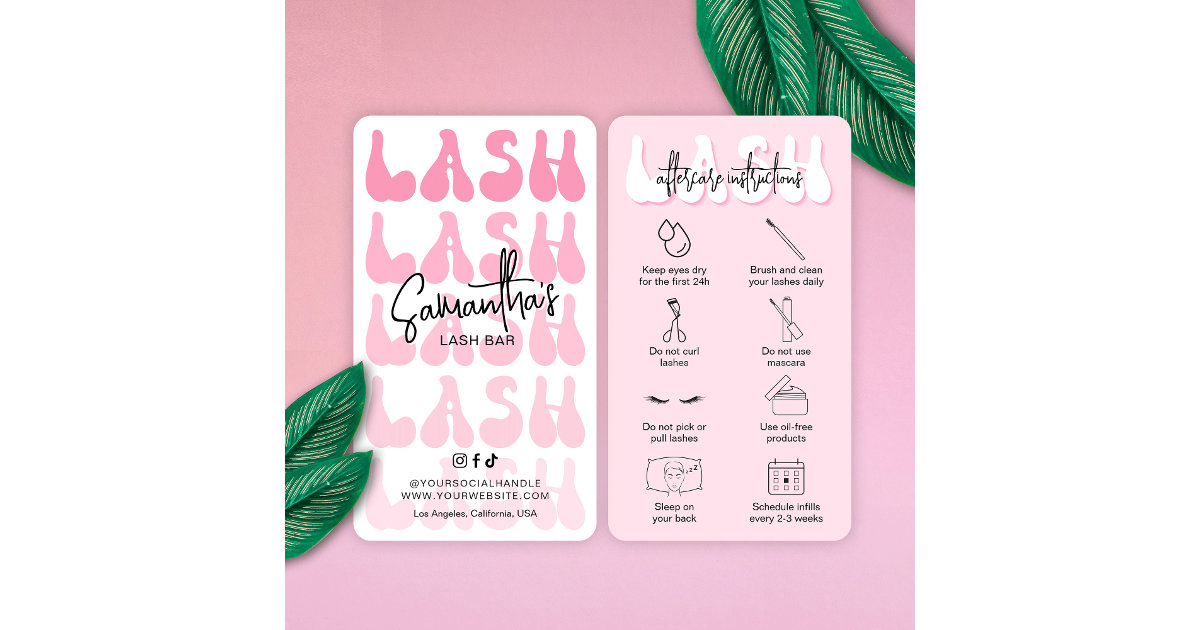 Trendy Pink Lash Aftercare Instructions Retro Font Business Card | Zazzle