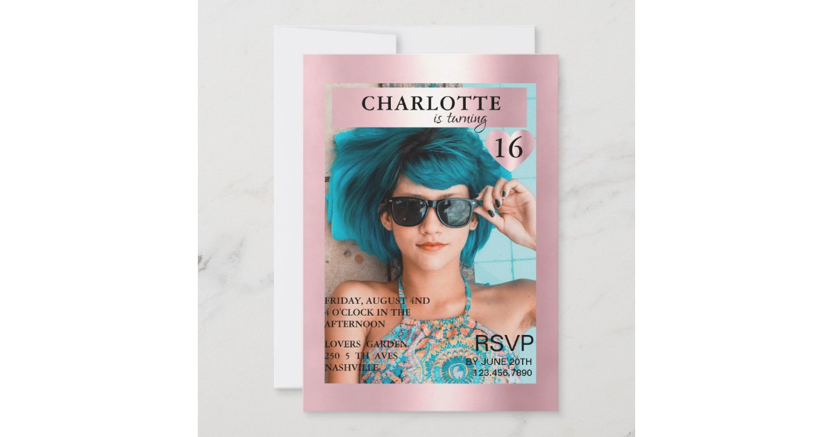Trendy Pink Magazine Cover Photo Inspired Invitation | Zazzle