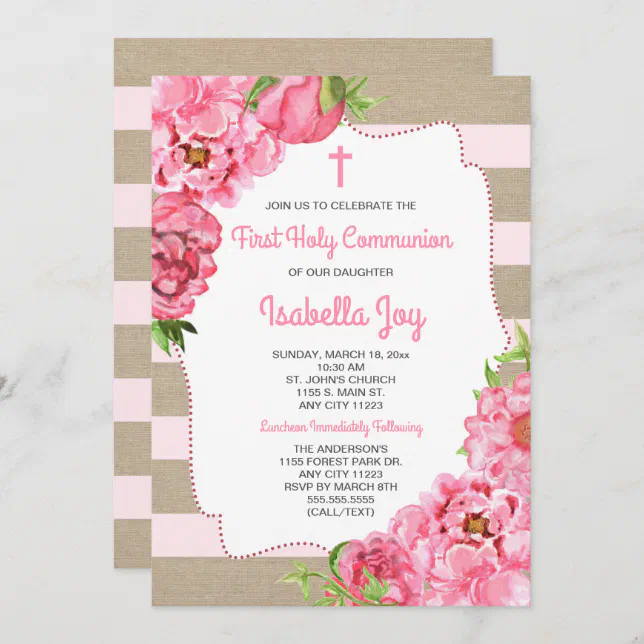 Trendy Pink Peonies First Holy Communion canvas Invitation | Zazzle