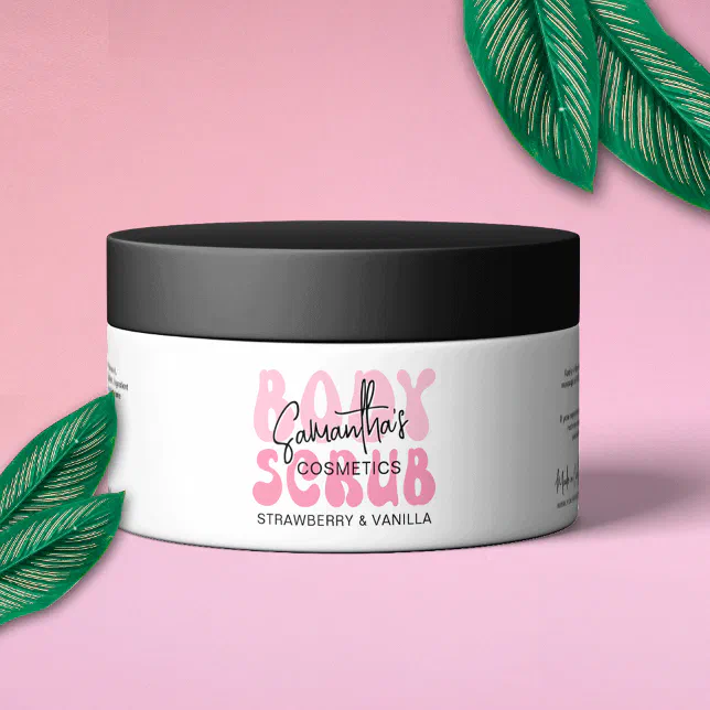 Trendy Pink Retro Logo Sugar Body Scrub Jar Label | Zazzle