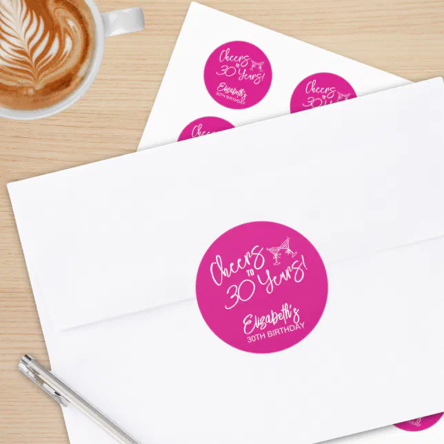 Trendy Pink Whimsical Hand Drawn 30th Birthday Classic Round Sticker ...