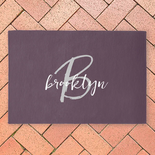 Trendy Plum Purple Script Monogram Outdoor Rug | Zazzle