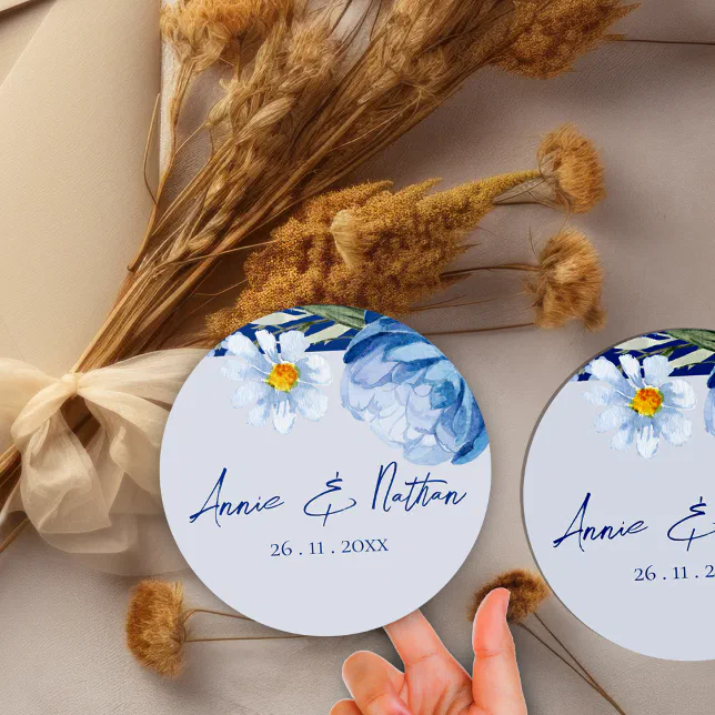 Trendy Pretty Blue Flowers Floral Wedding Sticker | Zazzle