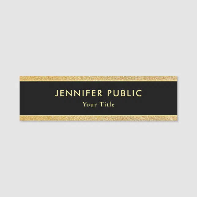Trendy Professional Elegant Black And Gold Glitter Name Tag | Zazzle