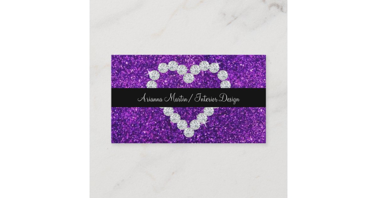 Trendy Purple Glitter Sparkly Diamond Heart Business Card | Zazzle