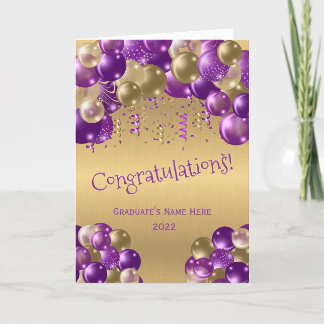 Trendy Purple Gold Balloons Graduation Card | Zazzle