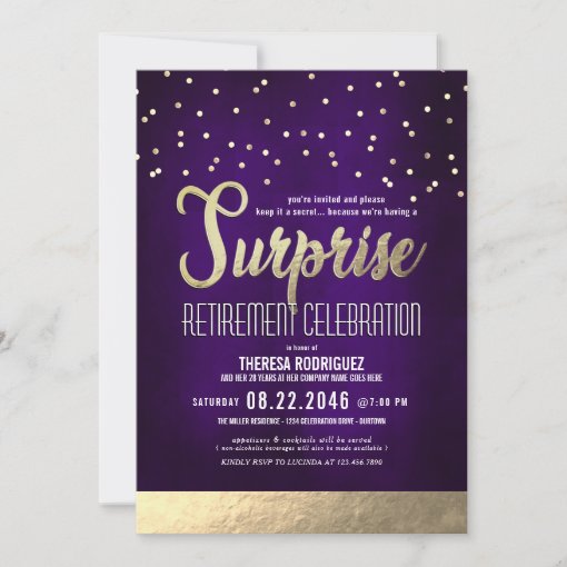Trendy Purple/Gold Surprise Retirement Party Invitation | Zazzle
