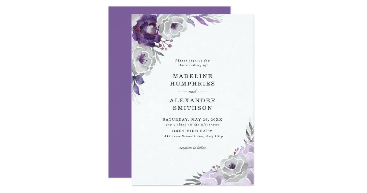 Trendy Purple Gray Watercolor Floral Wedding Invitation | Zazzle.com