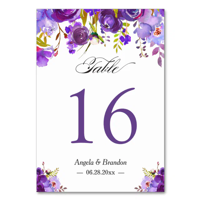 Trendy Purple Violet Floral Wedding Table Number | Zazzle