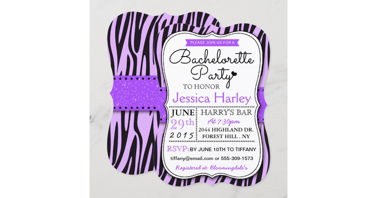 Trendy Purple Zabra Print Bachelorette Party Invitation | Zazzle
