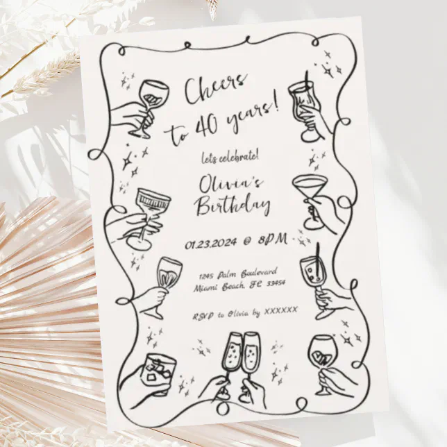 Trendy Quirky Hand Drawn Scribble Wine Birthday Invitation | Zazzle