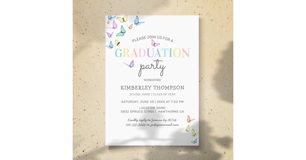 Trendy Rainbow Pastel Butterfly Graduation Party Invitation | Zazzle