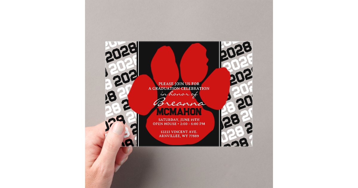 Trendy Red & Black Graduation Pawprint Clear Acrylic Invitations | Zazzle