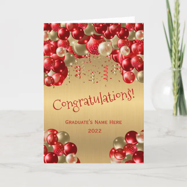 Trendy Red Gold Balloon Congratulations Graduation Card | Zazzle