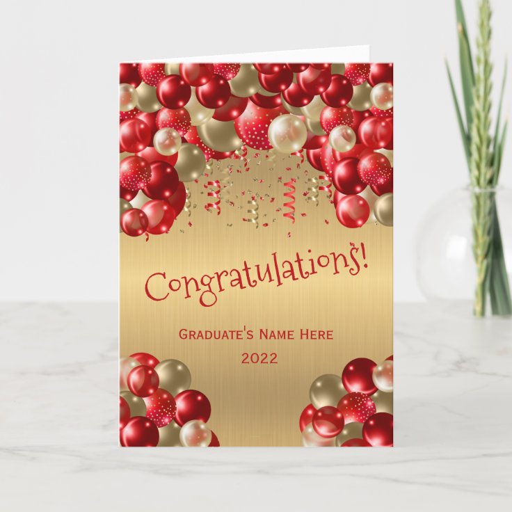 Trendy Red Gold Balloon Congratulations Graduation Card | Zazzle