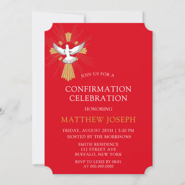 Trendy Red Gold Cross White Dove Confirmation Invitation | Zazzle