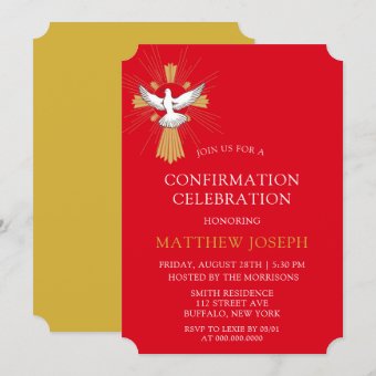 Trendy Red Gold Cross White Dove Confirmation Invitation | Zazzle