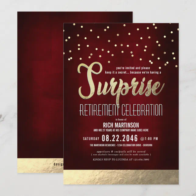 Trendy Red/Gold Surprise Retirement Party Invitation | Zazzle