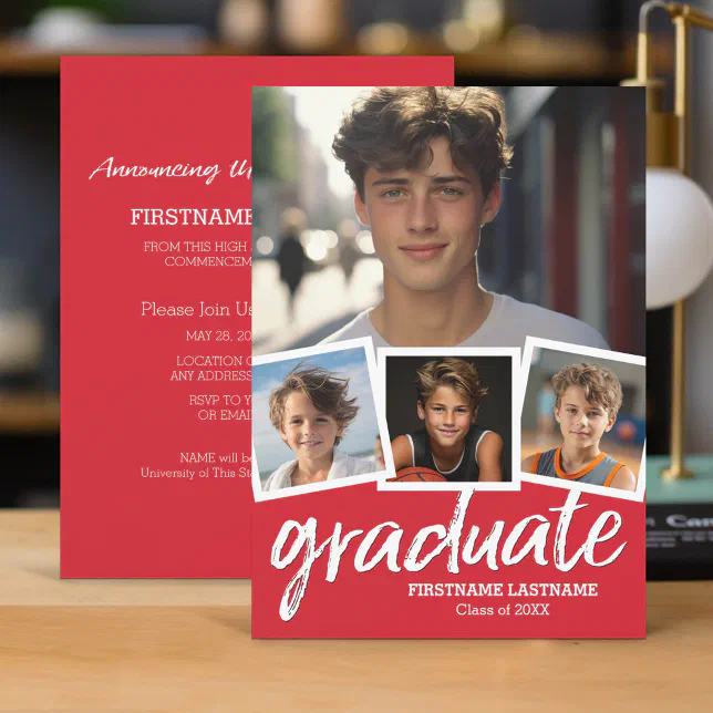 Trendy Red Graduation Announcement Party 4 Photo | Zazzle