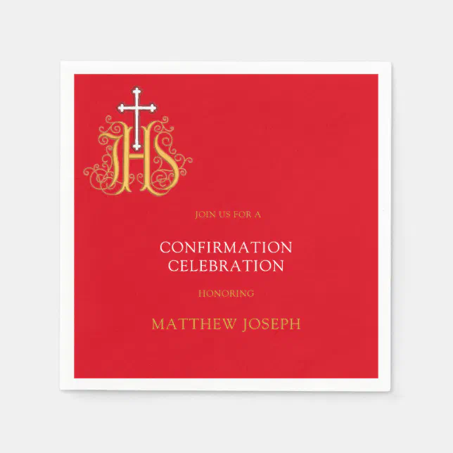 Trendy Red White Gold Logo Confirmation Napkins | Zazzle