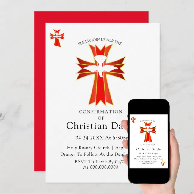 Trendy Red Yellow Cross and Dove Confirmation Invitation | Zazzle