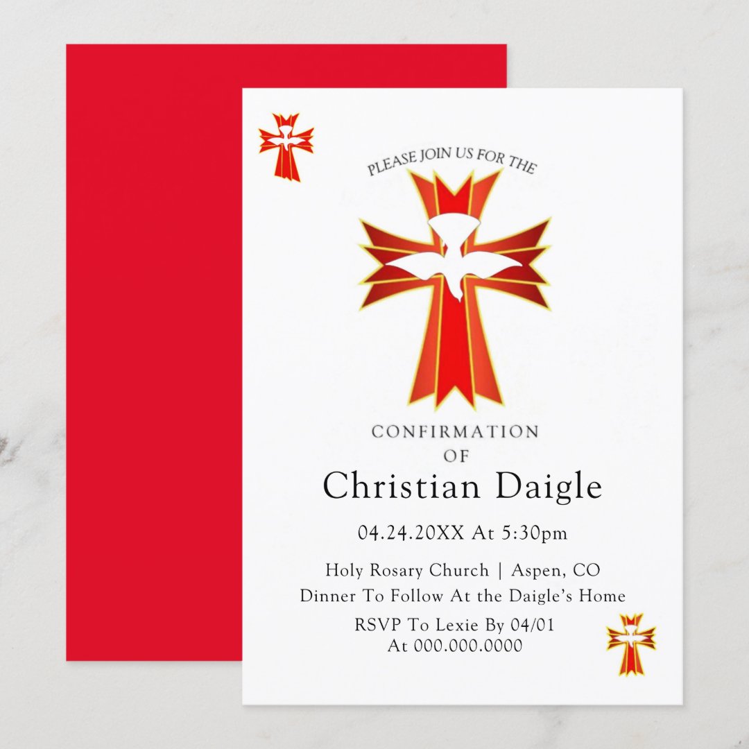 Trendy Red Yellow Cross and Dove Confirmation Invitation | Zazzle