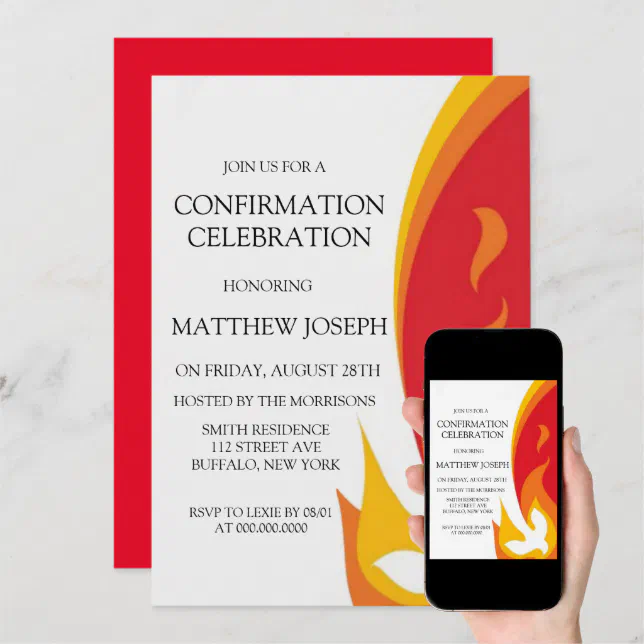 Trendy Red Yellow Dove Fire Confirmation Invitation | Zazzle