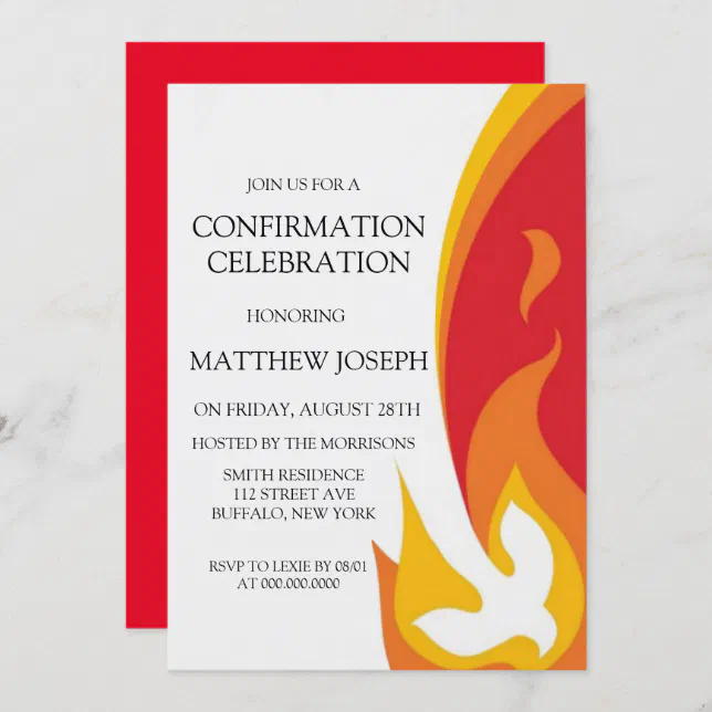Trendy Red Yellow Dove Fire Confirmation Invitation | Zazzle