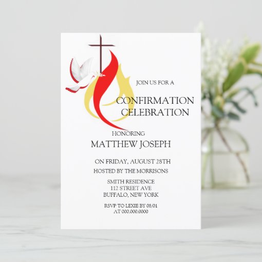 Trendy Red Yellow Dove Fire Confirmation Invitation | Zazzle