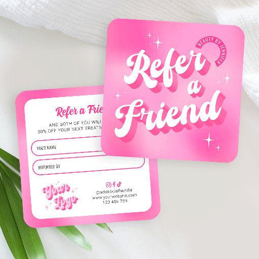 Trendy Retro Pink Refer a Friend Lash Salon Nails Referral Card | Zazzle