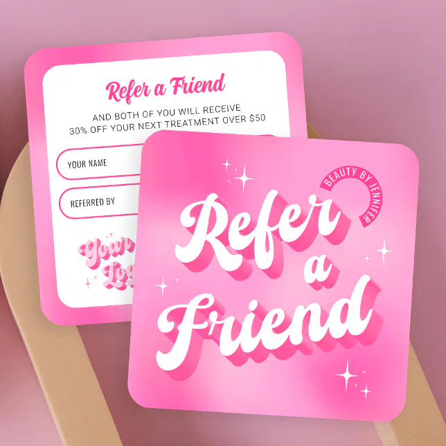 Trendy Retro Pink Refer a Friend Lash Salon Nails Referral Card | Zazzle
