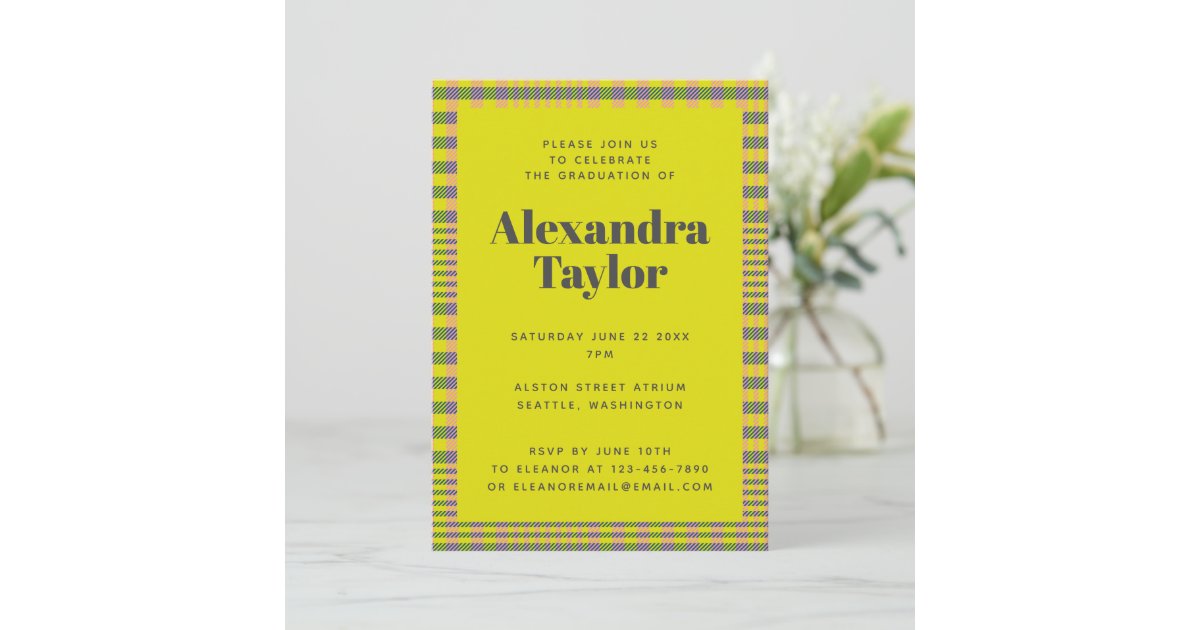Trendy Retro Yellow Plaid Pattern Graduation Invitation | Zazzle