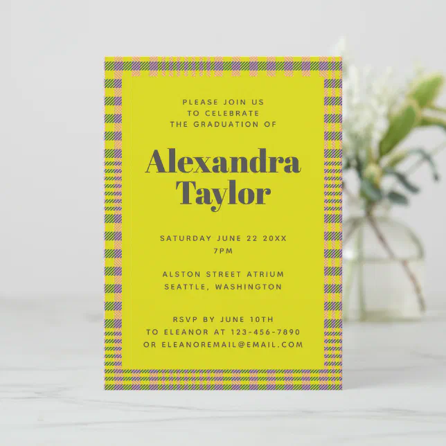 Trendy Retro Yellow Plaid Pattern Graduation Invitation | Zazzle