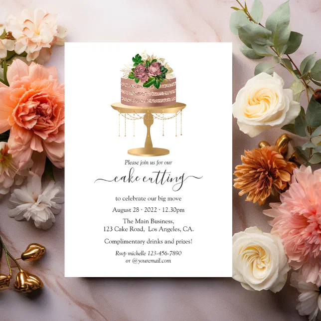 Trendy Rose Gold and Gold Floral Cake Cutting Invitation | Zazzle