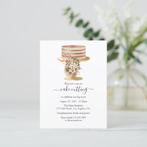 Trendy Rose Gold and Gold Floral Cake Cutting Invitation Postcard | Zazzle