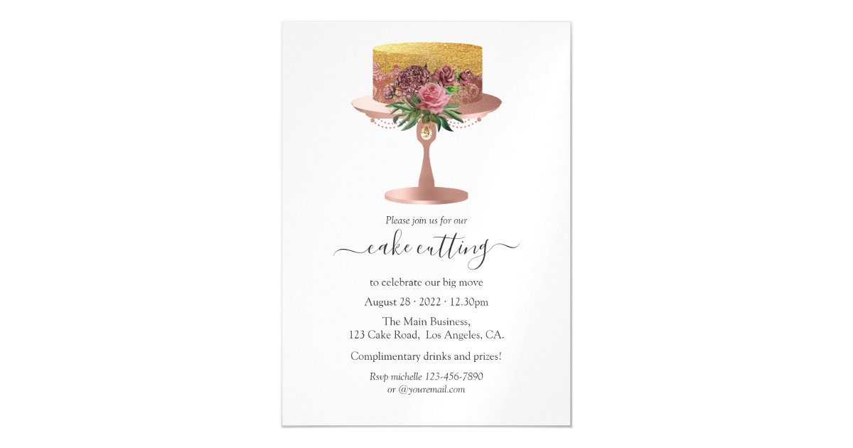 Trendy Rose Gold and Gold Floral Cake Cutting Magnetic Invitation ...