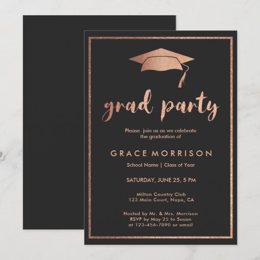 Trendy Rose Gold Black Graduation Party Invitation | Zazzle