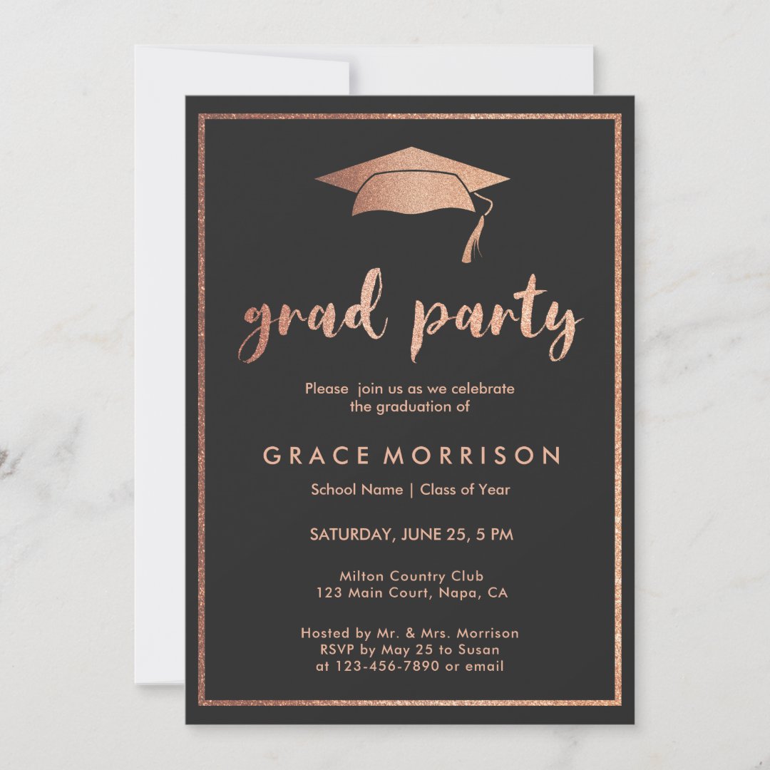 Trendy Rose Gold Black Graduation Party Invitation | Zazzle