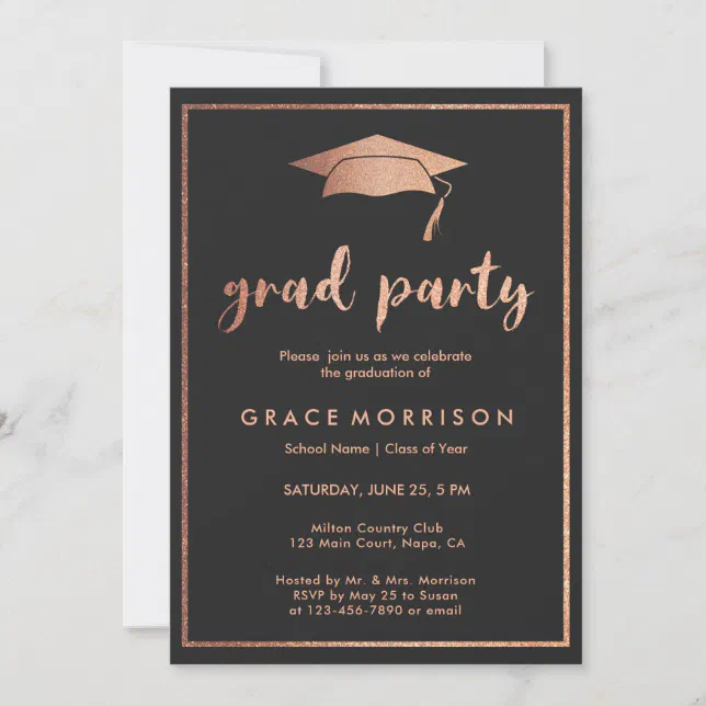 Trendy Rose Gold Black Graduation Party Invitation | Zazzle