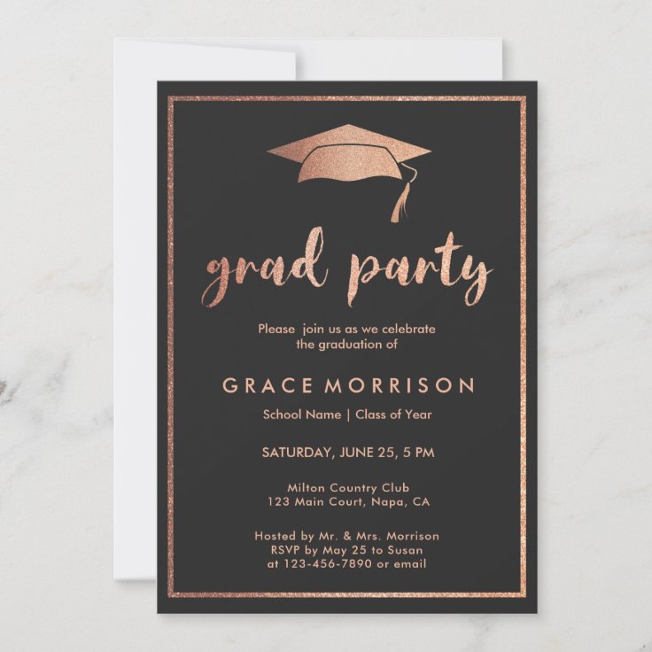 Trendy Rose Gold Black Graduation Party Invitation | Zazzle