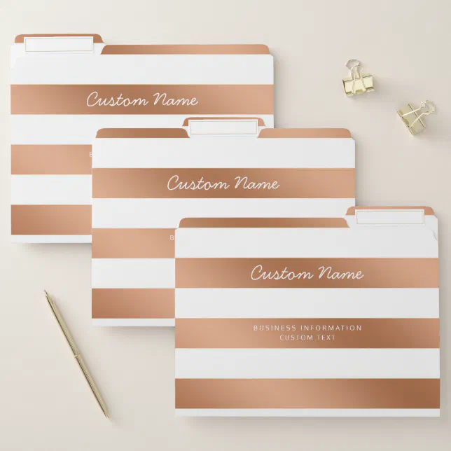 Trendy Rose Gold Foil Stripes Modern Monogram File Folder | Zazzle
