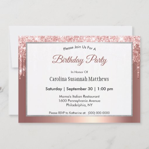 Trendy Rose Gold Glitter Drips Graphic Birthday Invitation Zazzle