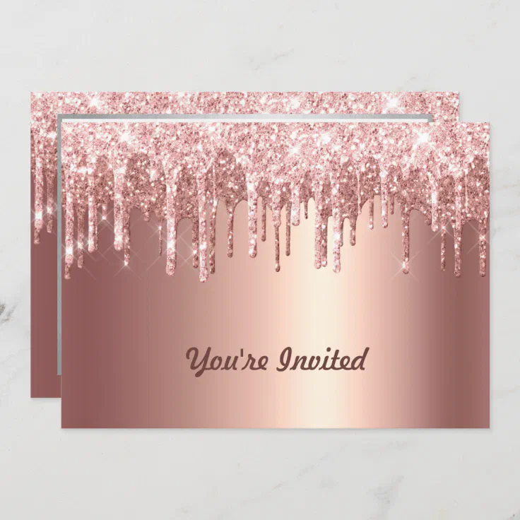 Trendy Rose Gold Glitter Drips Graphic Birthday Invitation Zazzle